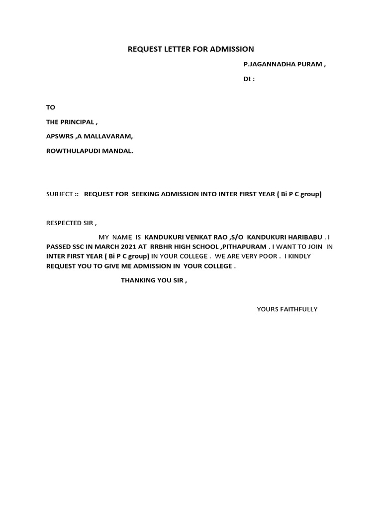 Request Letter for Admission | PDF