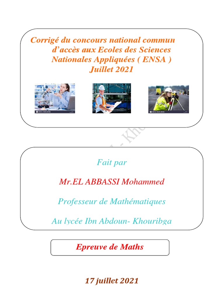 Corrig © de L' ©preuve de Maths ENSA 2021-2022.Mr - ELABBASSI | PDF | Unité de mesure | Science