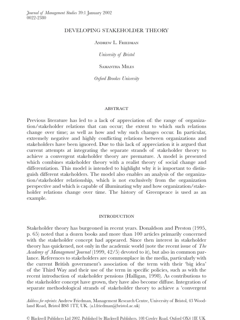 Developing Stakeholder Theory - Friedman - 2002 - Journal of Management ...