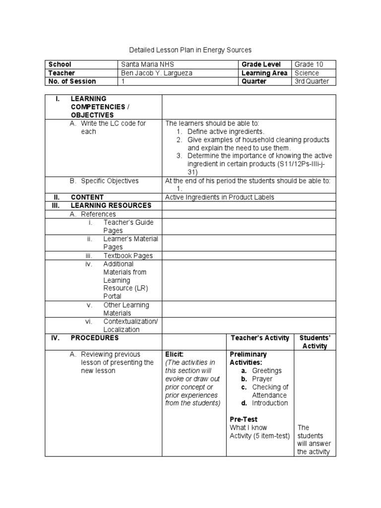 Detailed Lesson Plan in Active Ingredients | PDF | Lesson Plan ...