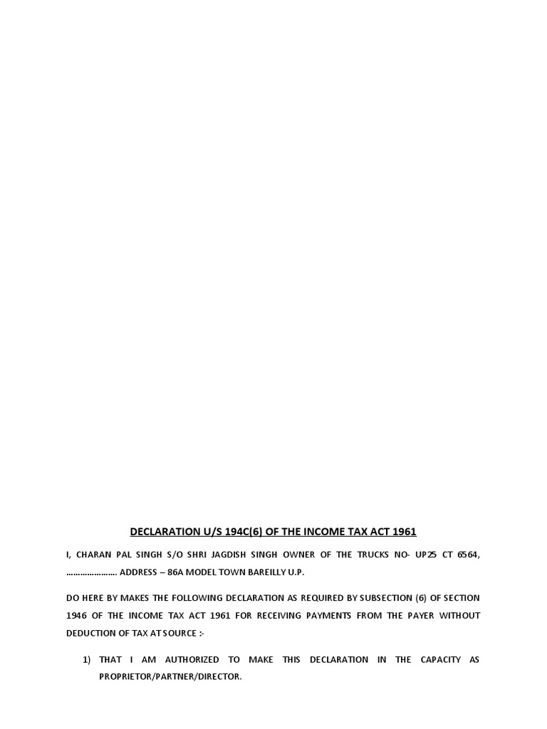 Declaration U/S 194C (6) of The Income Tax Act 1961 | PDF