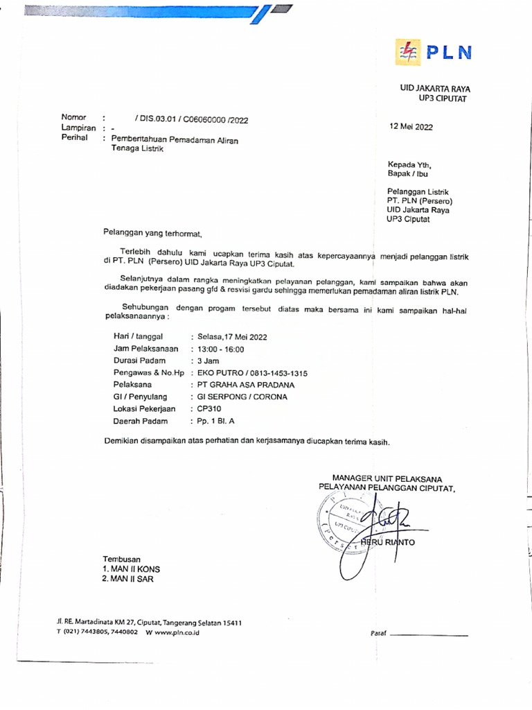 Surat Pemberitahuan PLN | PDF