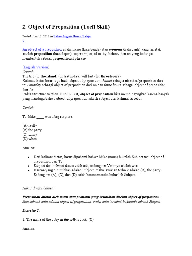 TOEFL: Object of Preposition | PDF