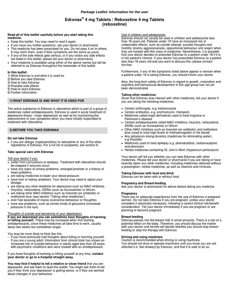 Edronax 4 MG Tablets / Reboxetine 4 MG Tablets (Reboxetine) : Package ...