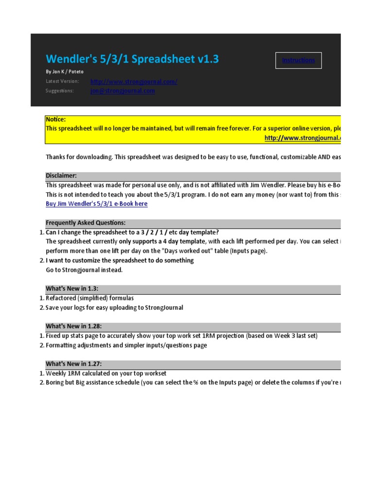 Wendler's 5/3/1 Spreadsheet v1.3: Notice | PDF | Spreadsheet | Computing