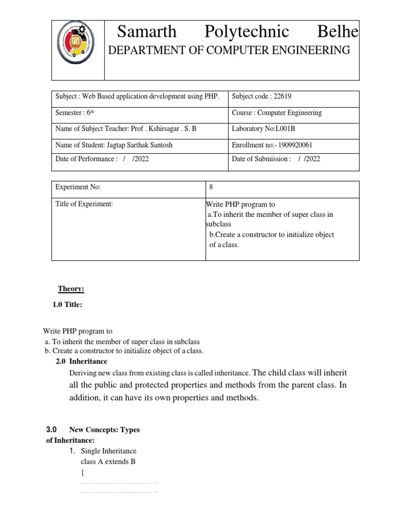 Samarth Polytechnic Belhe: Department of Computer Engineering | PDF | Inheritance (Object ...