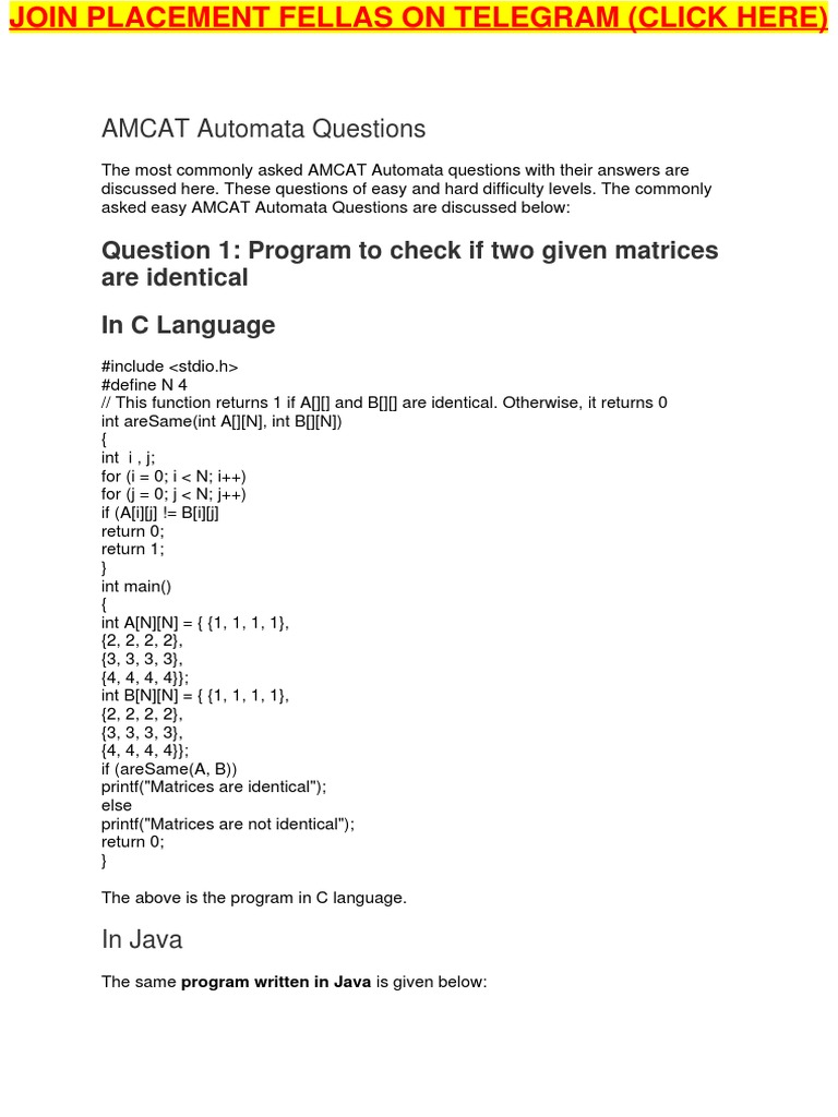 Amcat Automata Questions Program To Check If Two Given Matrices Are Identical In C Language