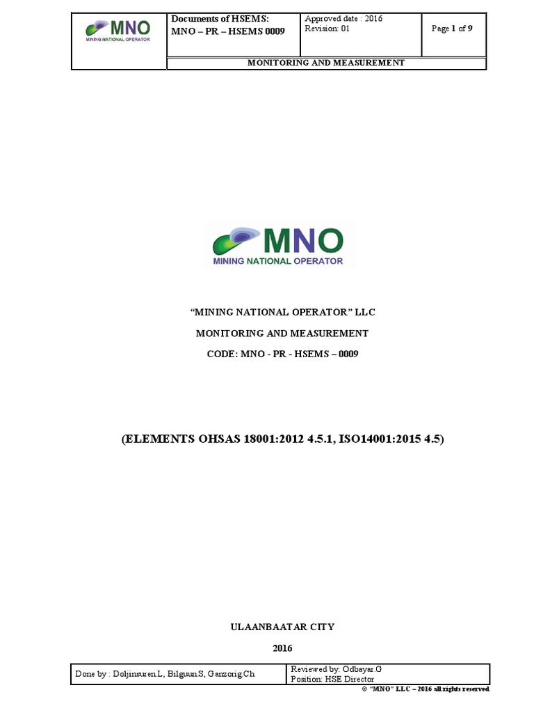 MNO-PR-HSE 0009 Monitoring and Measurement Procedure | PDF | Audit ...