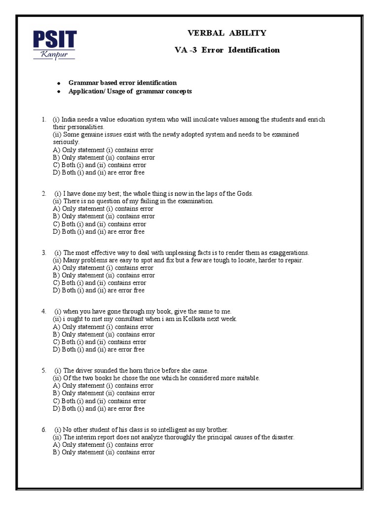 Verbal Ability VA - 3 Error Identification | PDF | Cognition | Cognitive Science