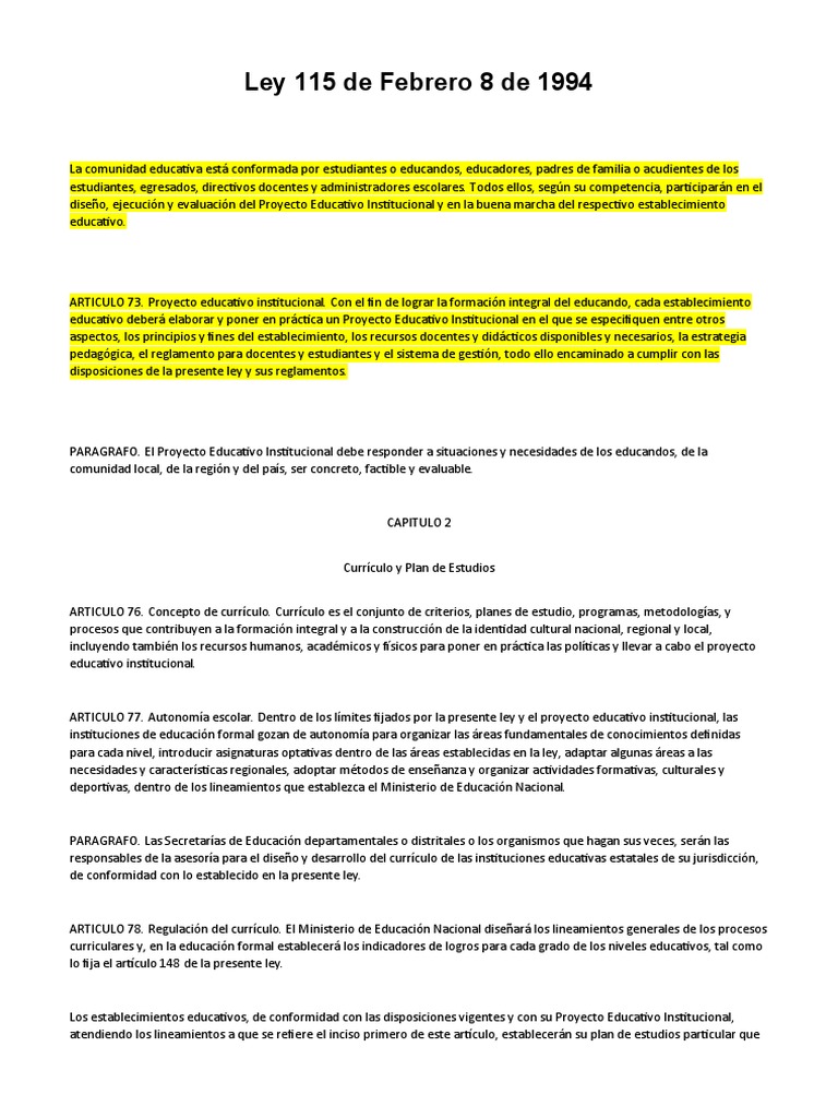 Ley 115 de Febrero 8 de 1994 | PDF | Plan de estudios