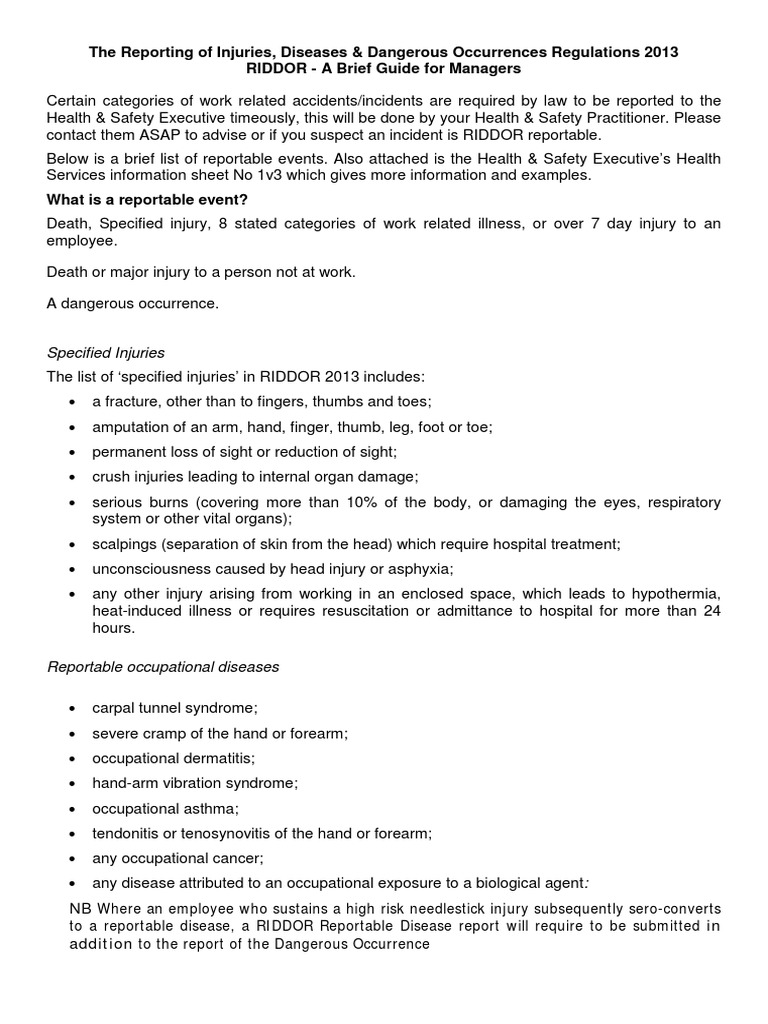 Accident Reporting Riddor For Managers | PDF | Occupational Safety And ...