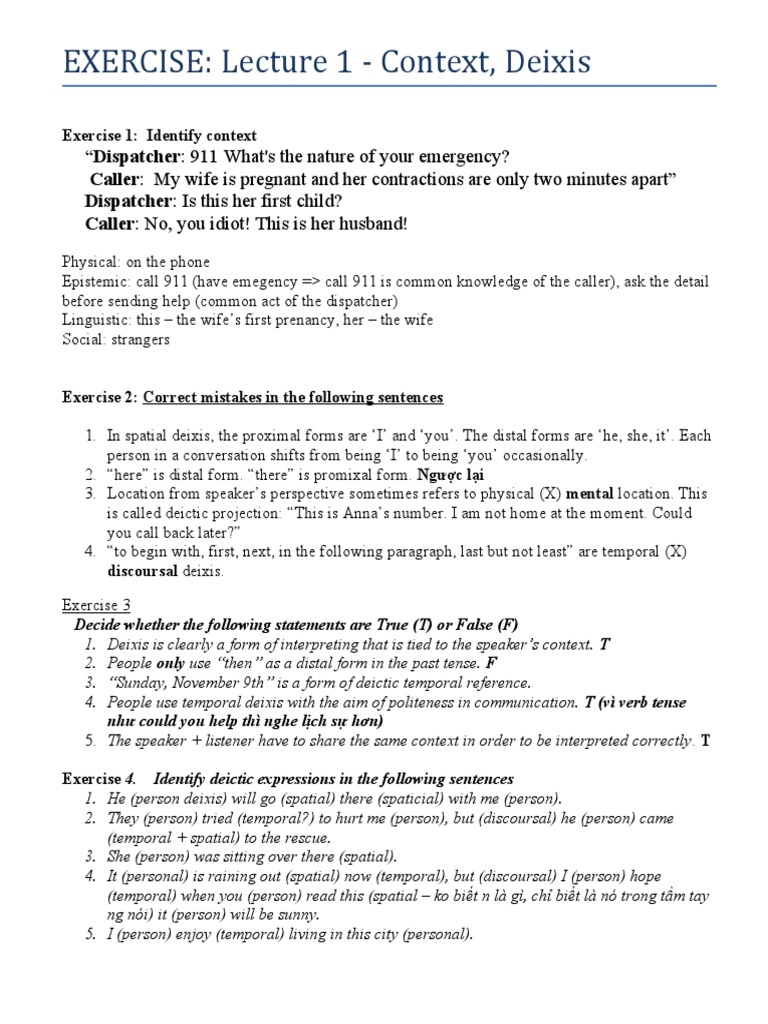 EXERCISE: Lecture 1 - Context, Deixis | PDF | Human Communication | Language Mechanics