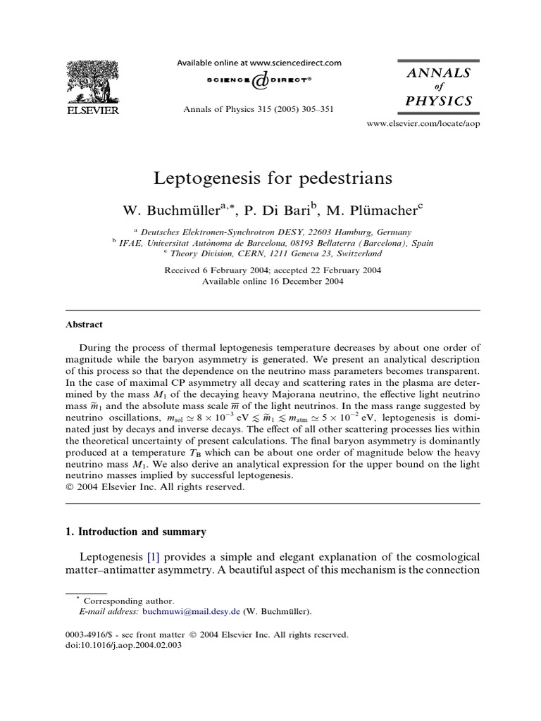 Leptogenesis For Pedestrians | PDF | Neutrino | Physical Sciences
