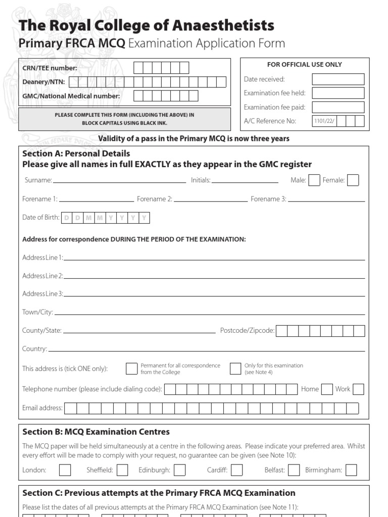 The Royal College of Anaesthetists: Primary FRCA MCQ Examination ...