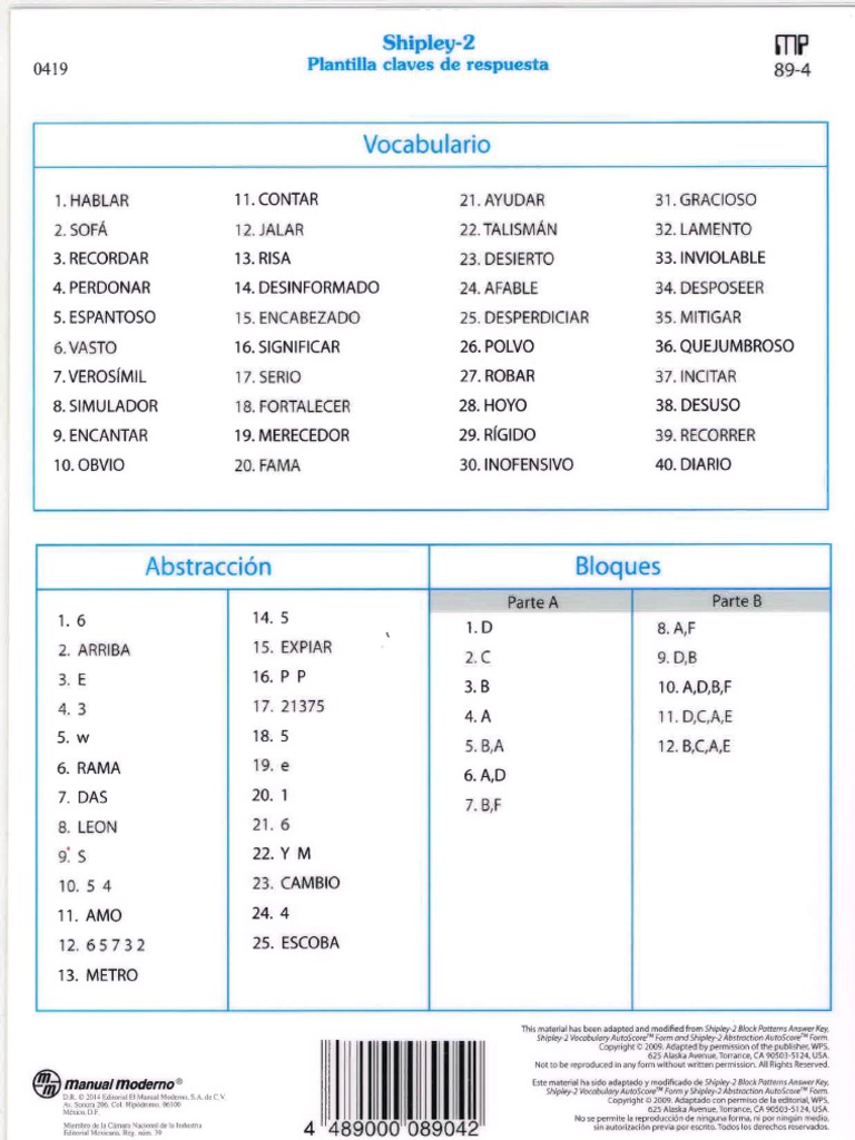 Shipley-2 Plantilla Claves de Respuesta. | PDF