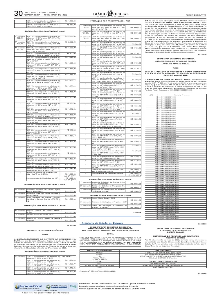 DOERJ 18-05-2022 Gratificação Produtividade Página 30 | PDF | Governo ...