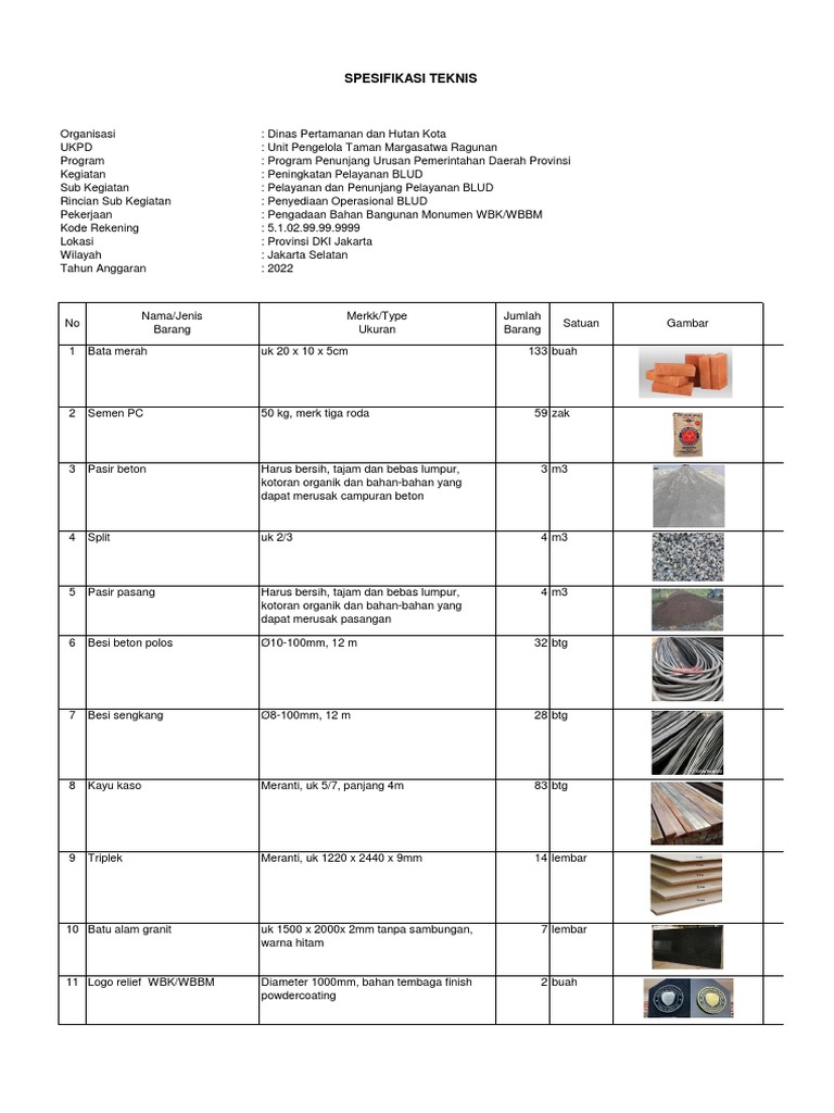 Spek Teknis Pengadaan Bahan Bangunan Monumen WBK WBBM | PDF