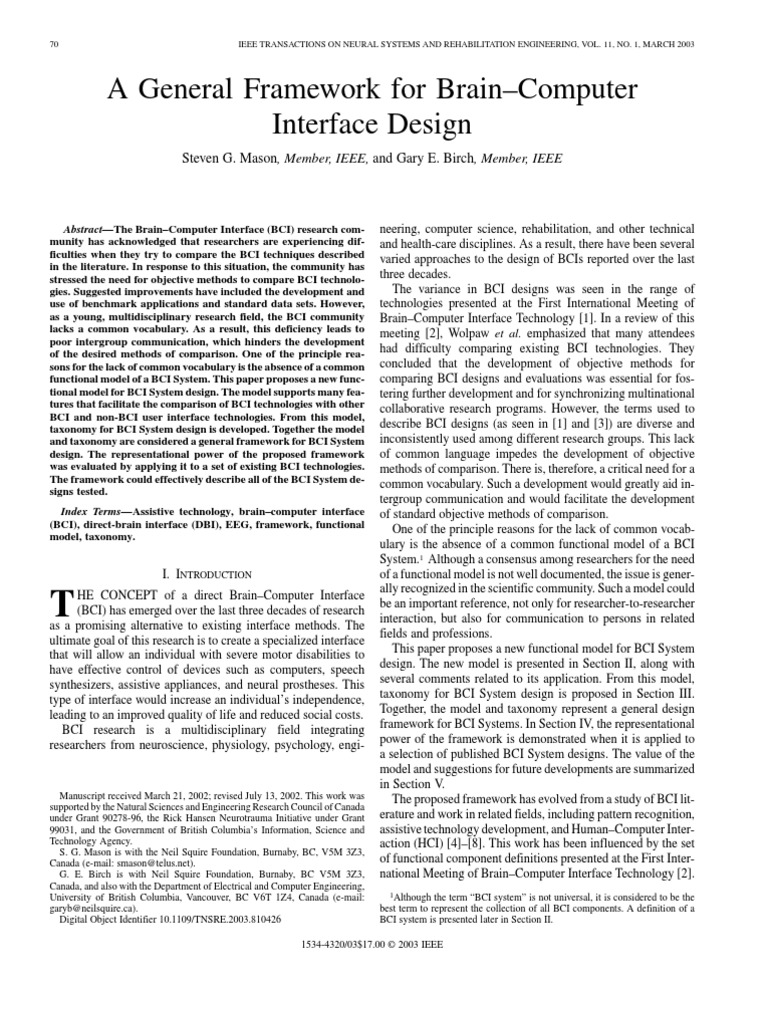 A General Framework For Brain-Computer Interface Design: Steven G. Mason, Member, IEEE, and Gary ...