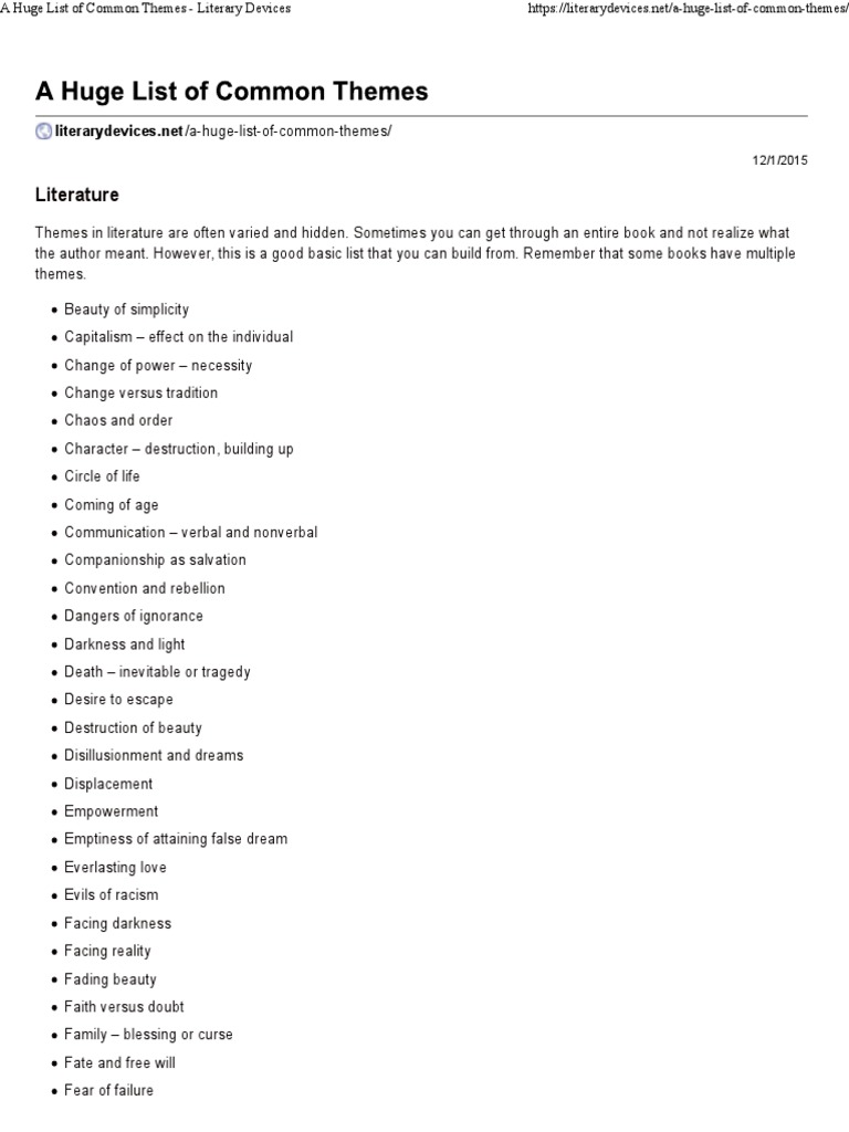 A Comprehensive Collection of Common Themes Across Literary Genres ...