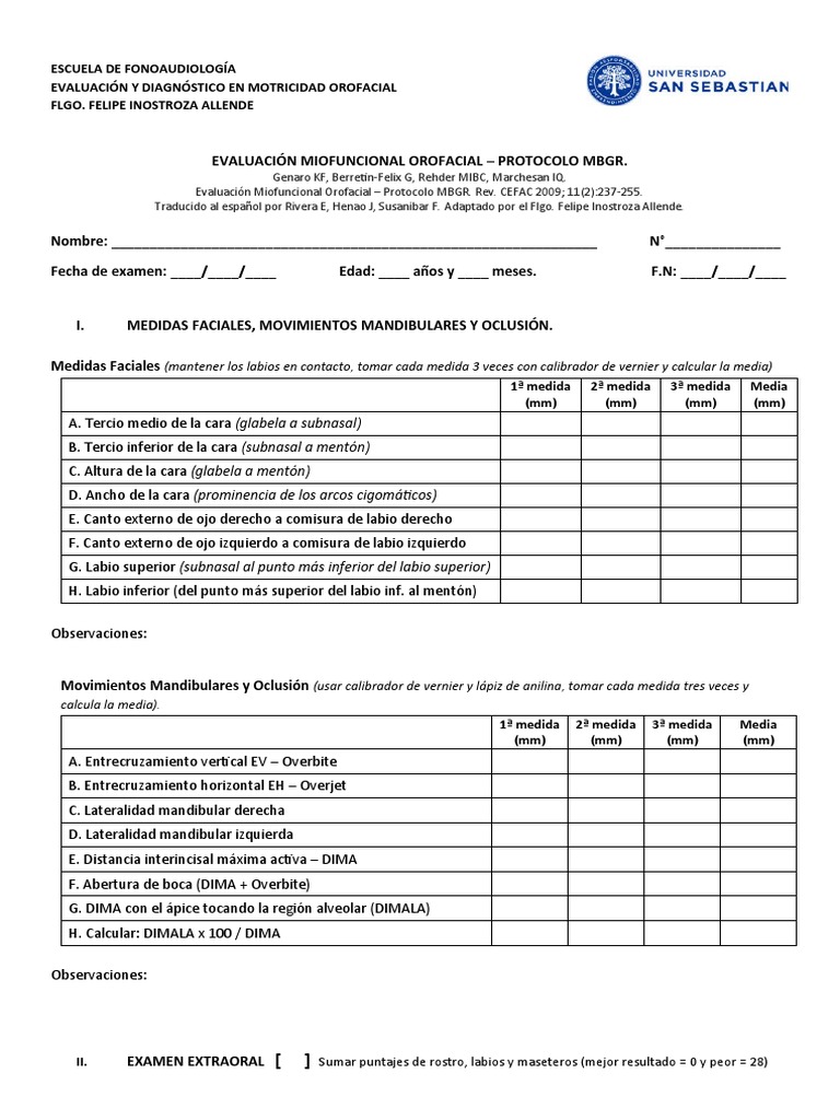 Examen Miofuncional Orofacial - Protocolo MBGR | PDF | Boca | Cabeza y cuello humanos