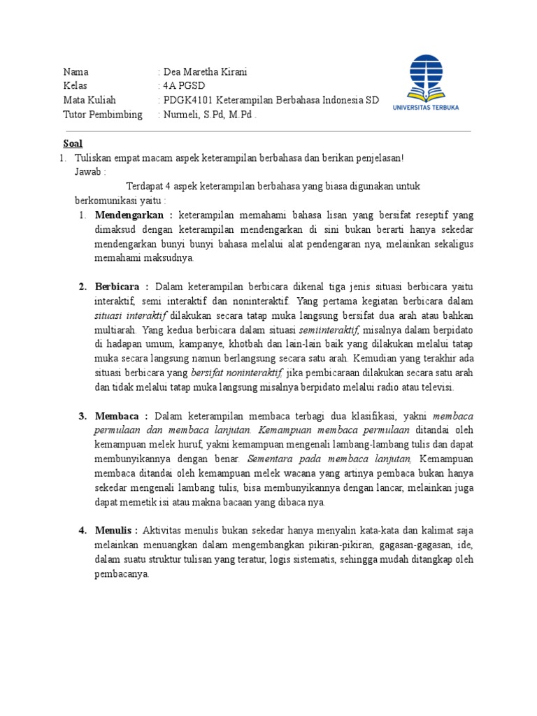 Tugas Tutorial 1 Keterampilan Berbahasa Indonesia SD | PDF