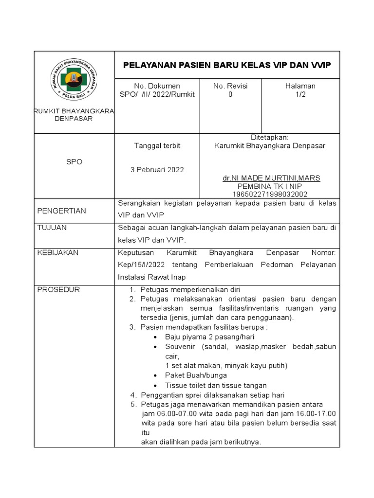 Spo Pelayanan Pasien Vip Dan Vvip | PDF