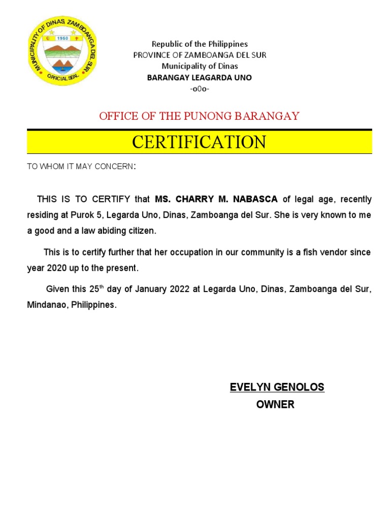 Certification: Office of The Punong Barangay | PDF