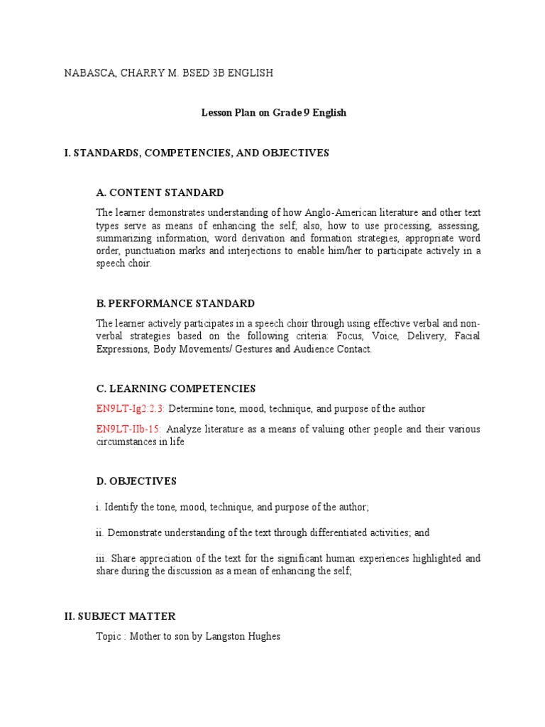 Lesson Plan On Grade 9 English I. Standards, Competencies, and ...