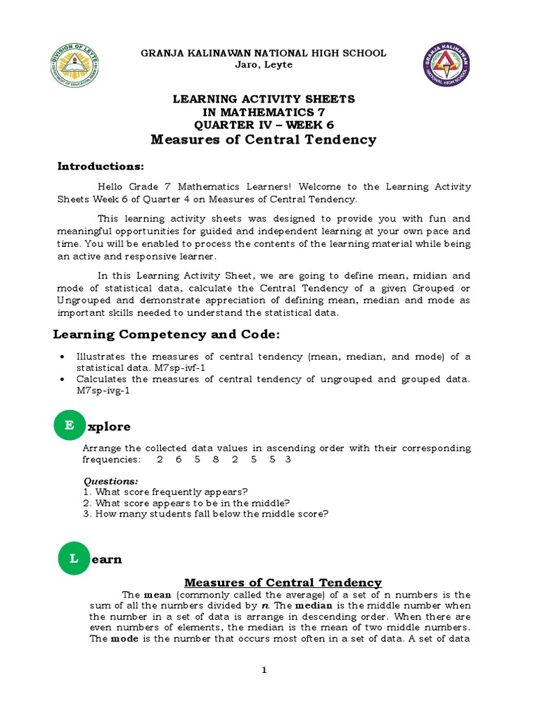 Measures of Central Tendency: Learning Activity Sheets in Mathematics 7 ...