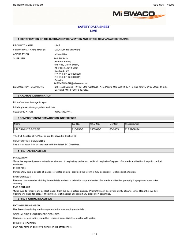 Safety Data Sheet Lime | PDF | Personal Protective Equipment | Chemistry