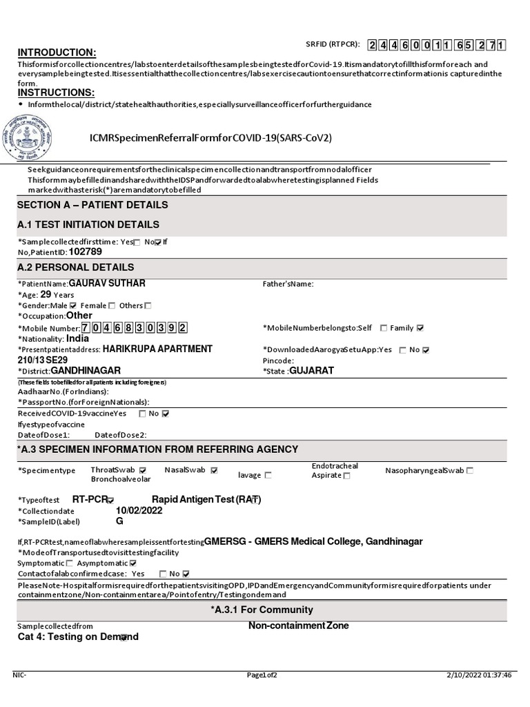 Icmr Specimen Referral Form For Covid-19 (Sars-Cov2) : (These Fields To ...