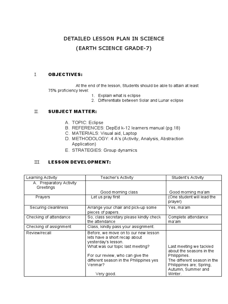 Detailed Lesson Plan in Science (Earth Science Grade-7) : Objectives ...