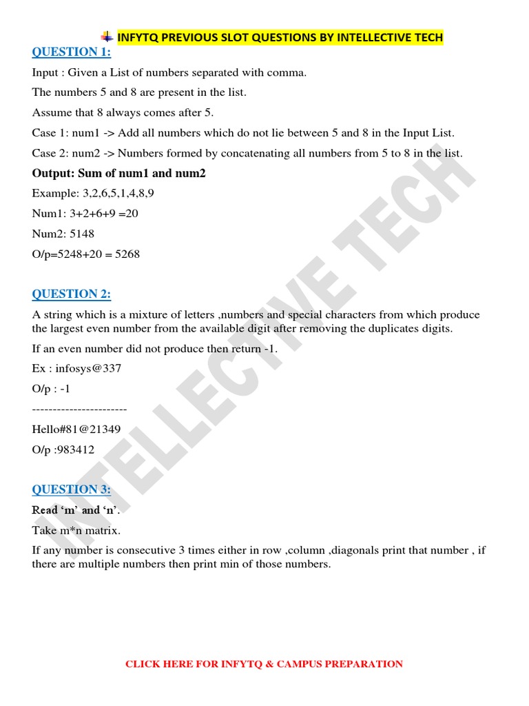 Infytq Previous Slot Questions By Intellective Tech Output Sum Of Num1 And Num2 Download