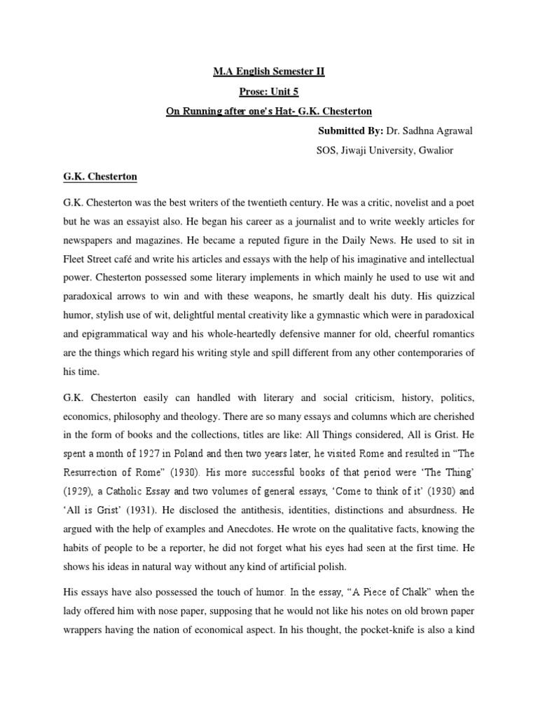 M.A English Semester II Prose: Unit 5 On Running After One's Hat-G.K ...