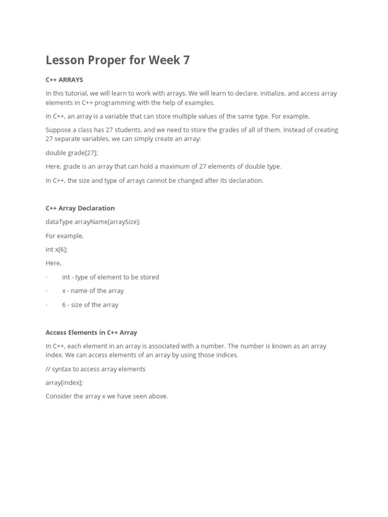 Lesson Proper For Week 7: C++ Arrays | PDF | Array Data Structure ...