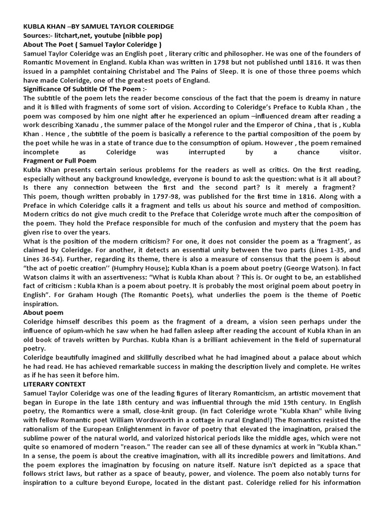 Final Kubla Khan | PDF | Samuel Taylor Coleridge