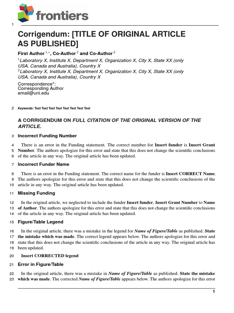 Corrigendum: (Title of Original Article As Published) : First Author ...