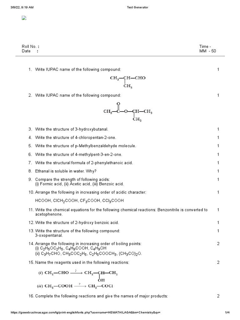 Organic Chemistry Practice Test: IUPAC Naming, Structure Drawing ...