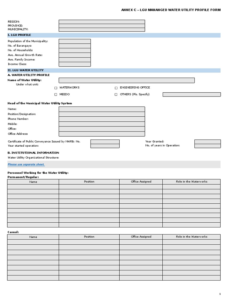 LGU Water Utility Profile Form | PDF | Water Supply | Water Supply Network