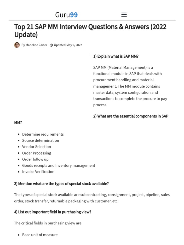 Top 21 SAP MM Interview Questions & Answers (2022 Update) | PDF ...