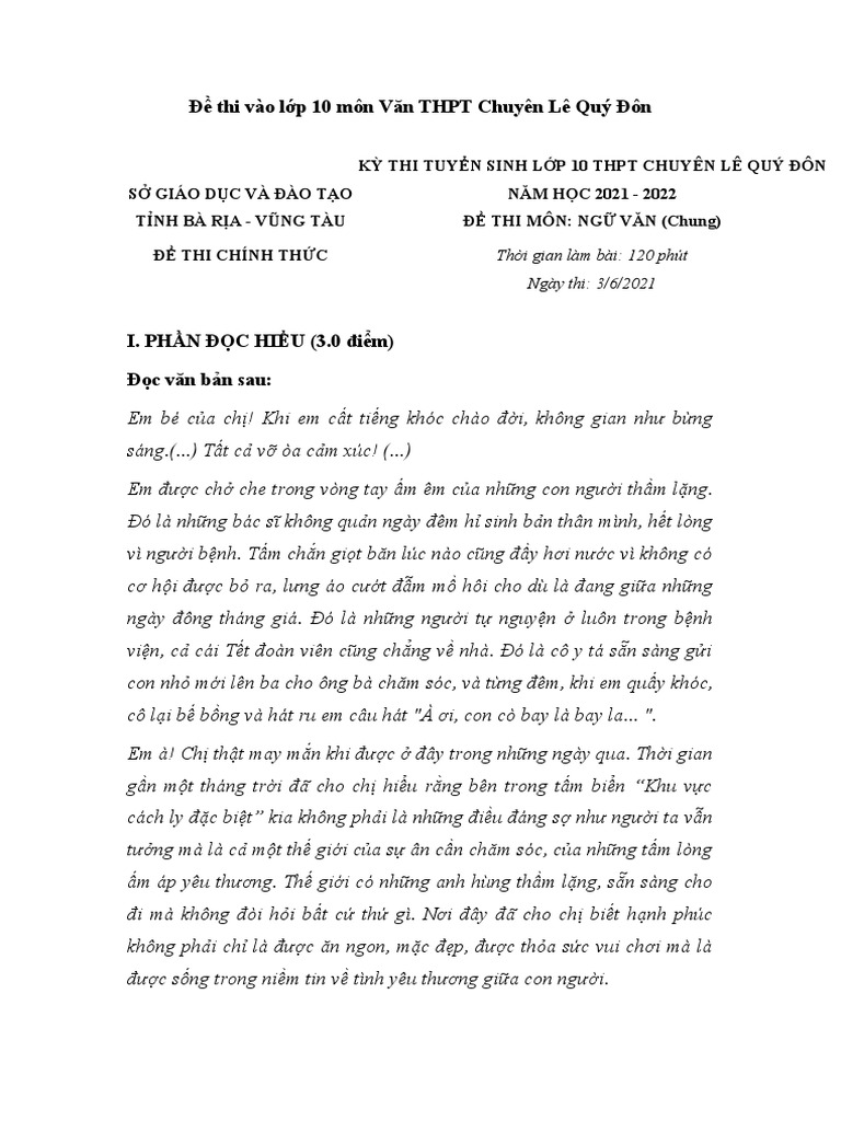 De Thi Vao Lop 10 Truong THPT Chuyen Le Quy Don Mon Van | PDF