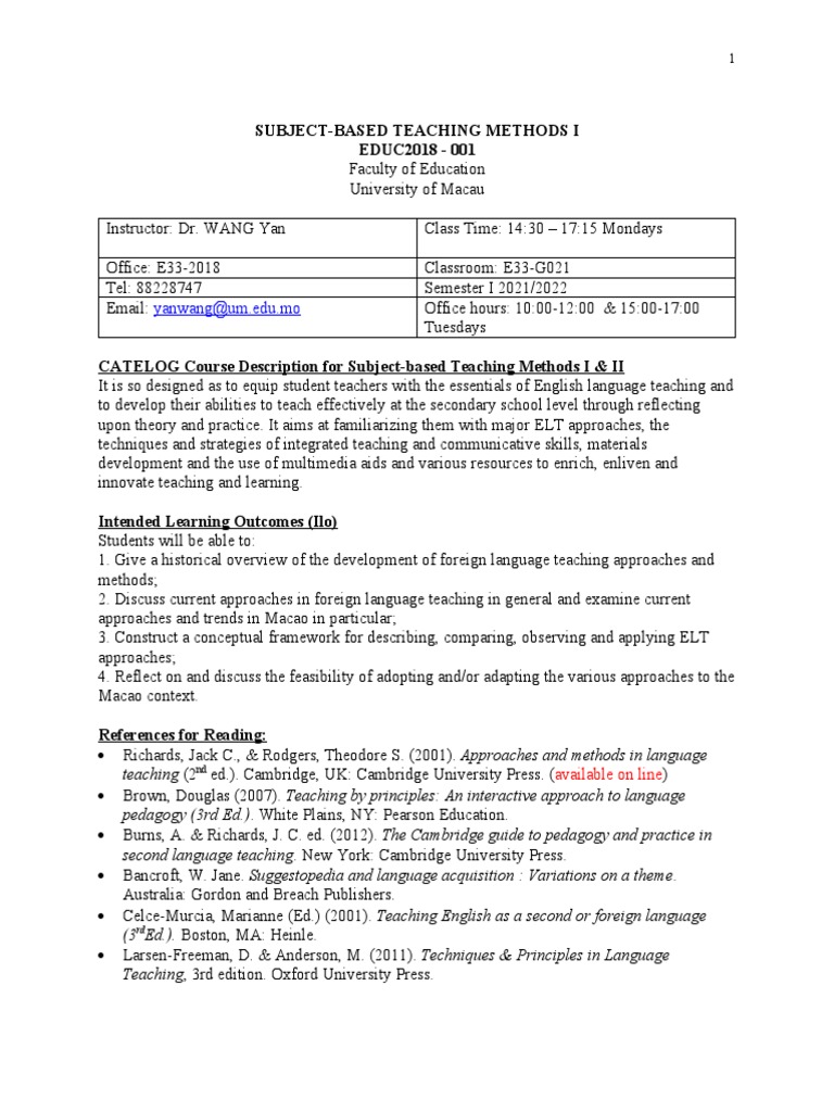 Subject-Based Teaching Methods I EDUC2018 - 001: Yanwang@um - Edu.mo ...