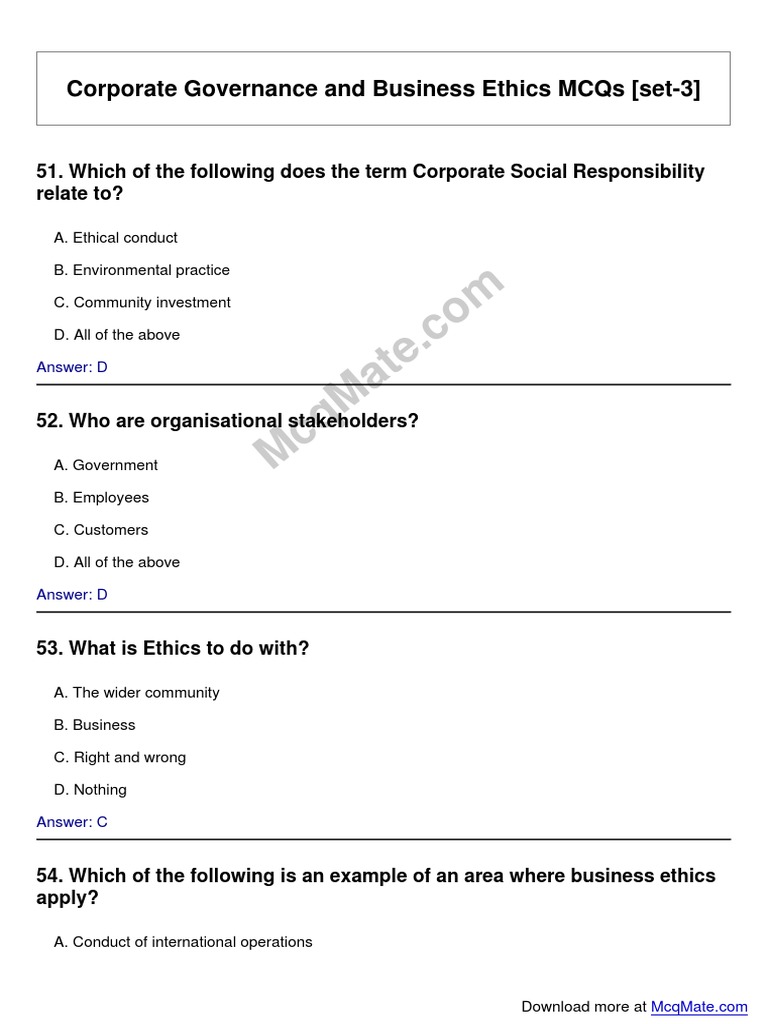 Business Ethics and Governance MCQs Set 3 | PDF | Corporate Social ...