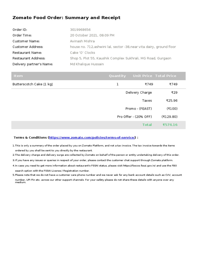Zomato Food Order: Summary and Receipt: Item Quantity Unit Price Total ...