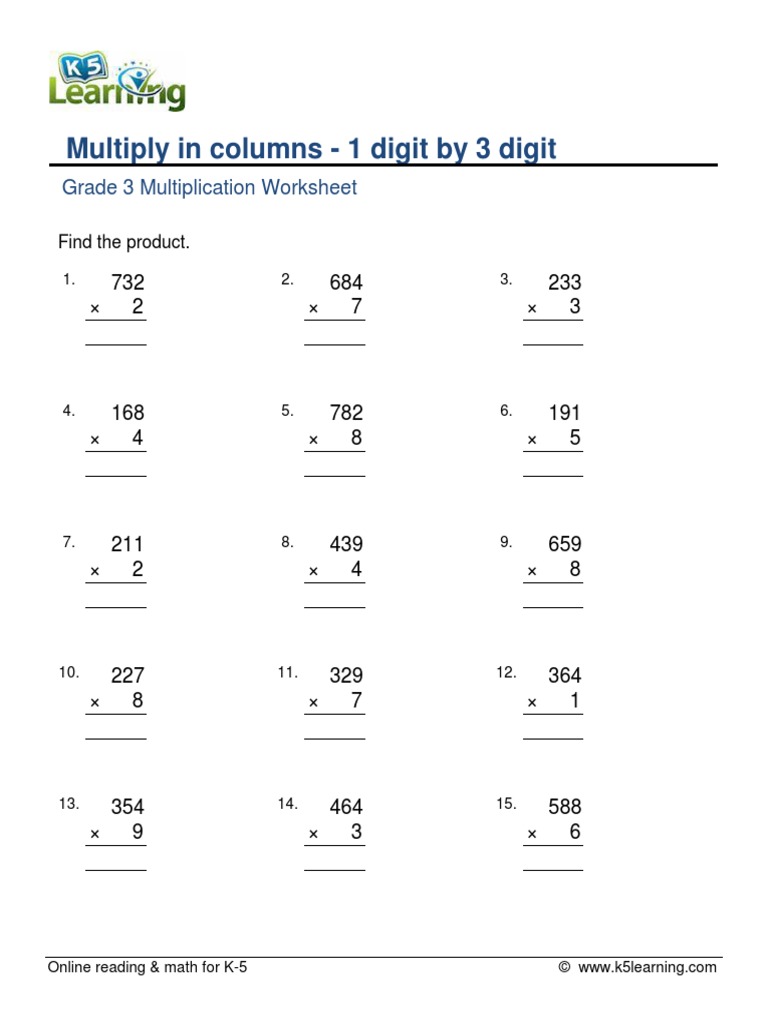 Multiply in Columns - 1 Digit by 3 Digit: Grade 3 Multiplication ...