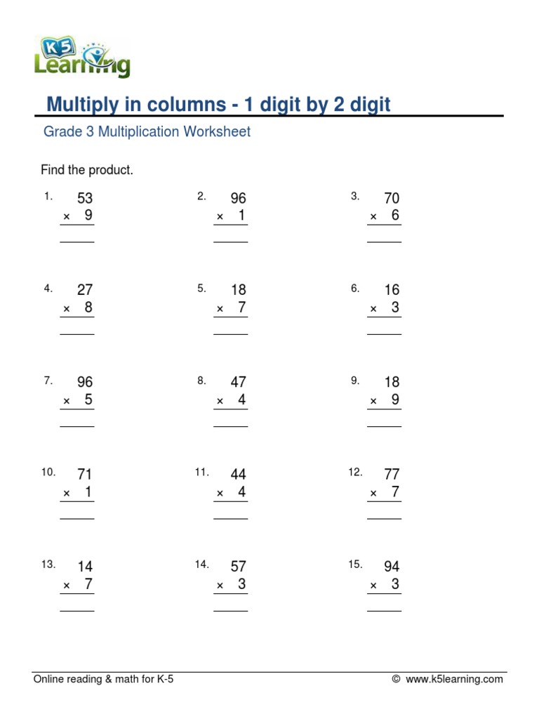 Multiply in Columns - 1 Digit by 2 Digit: Grade 3 Multiplication ...