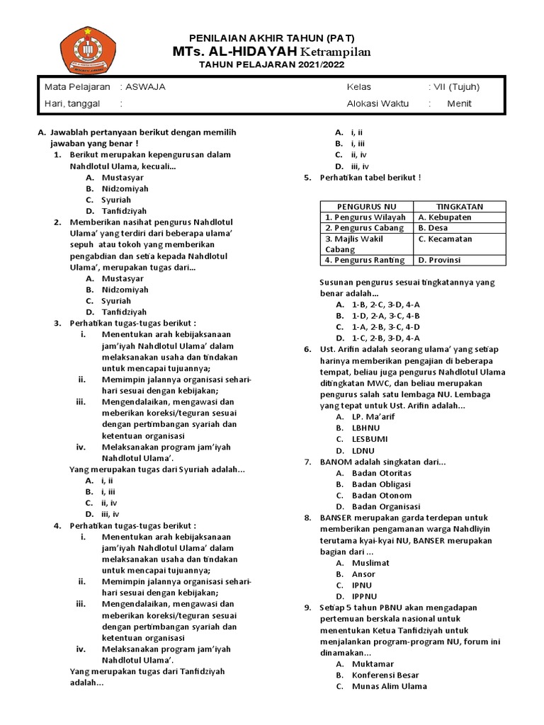 Soal PAT Aswaja 2021-2022 | PDF