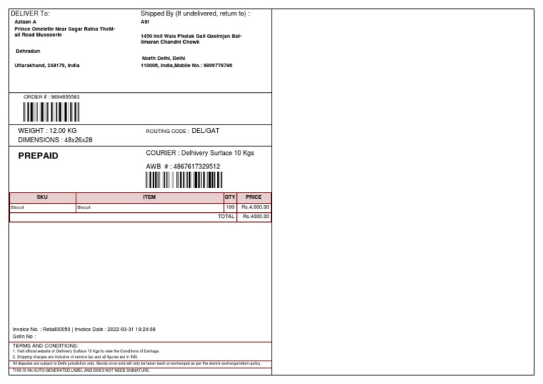 Undelivered Shipment Instructions | PDF