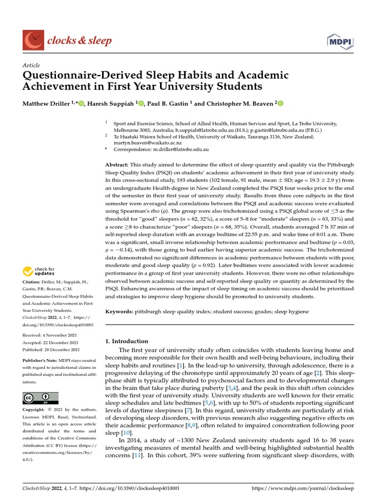 Questionnaire-Derived Sleep Habits and Academic Achievement in First Year University Students ...