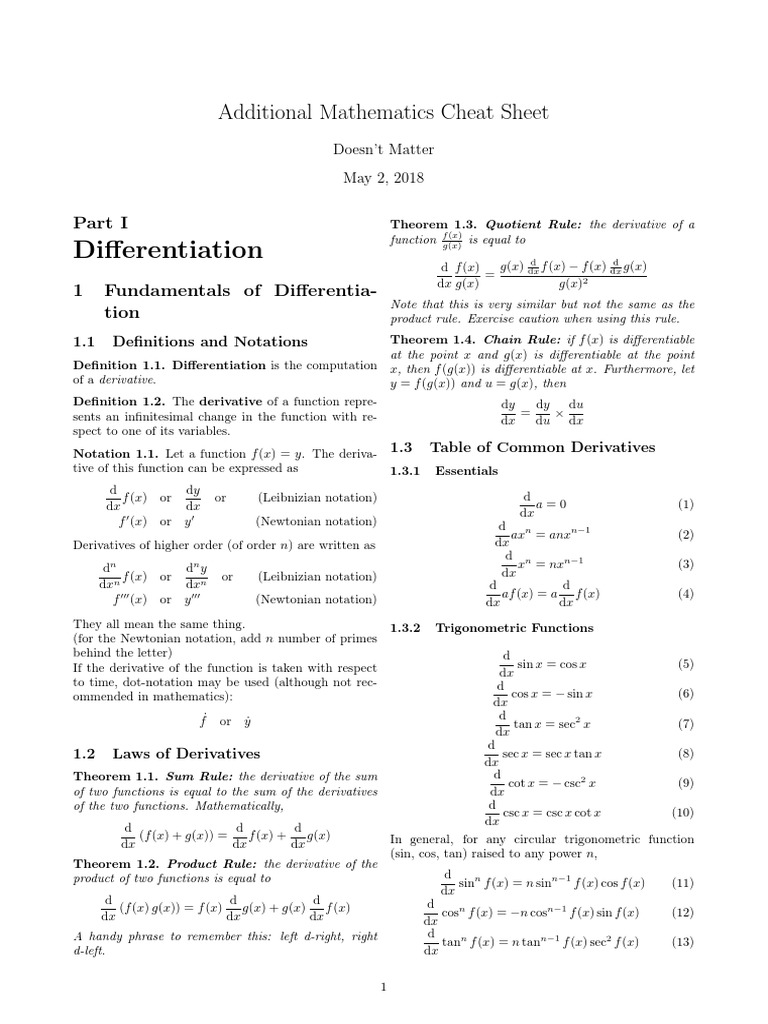 Differentiation: Additional Mathematics Cheat Sheet | PDF ...